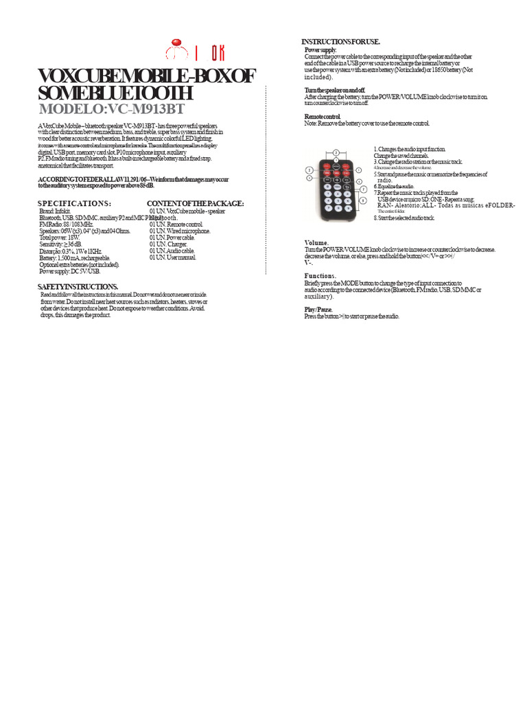 VoxCube Mobile VC-M913BT Speaker Guide | PDF | Usb | Bluetooth