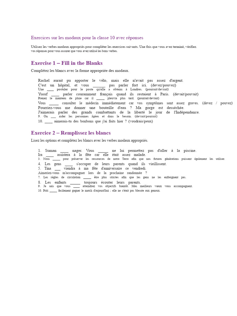Exercices modaux pour la classe 10 | PDF