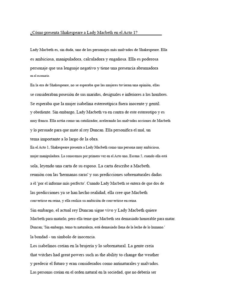 Lady Macbeth: Ambición y Manipulación en el Acto 1 | PDF | Macbeth ...