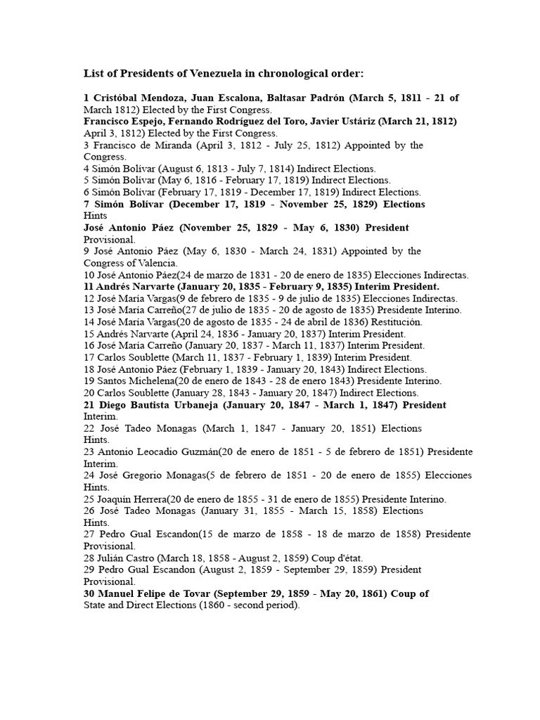 Chronological List of Venezuelan Presidents | PDF | Venezuela ...