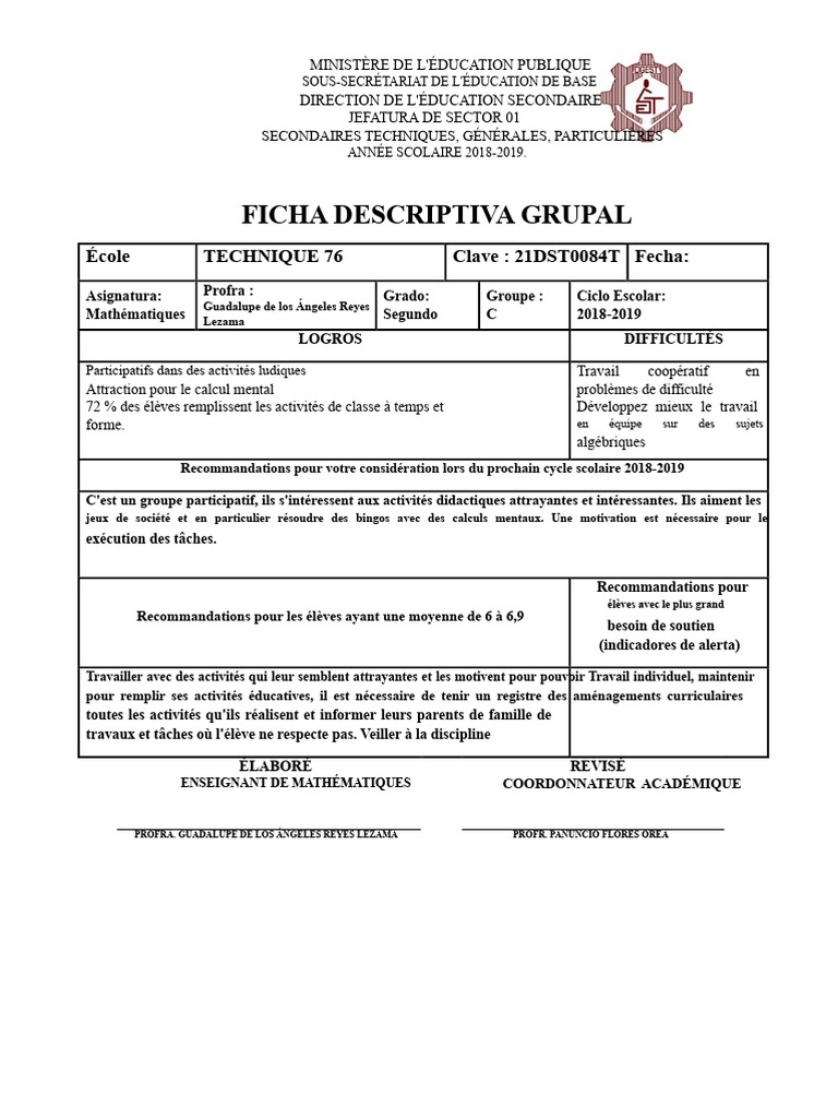 Fiche descriptive des groupes de maths 2018-2019 | PDF | Mathématiques