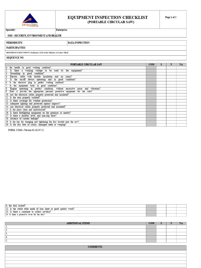 Portable Circular Saw Inspection Checklist | PDF | Electricity ...