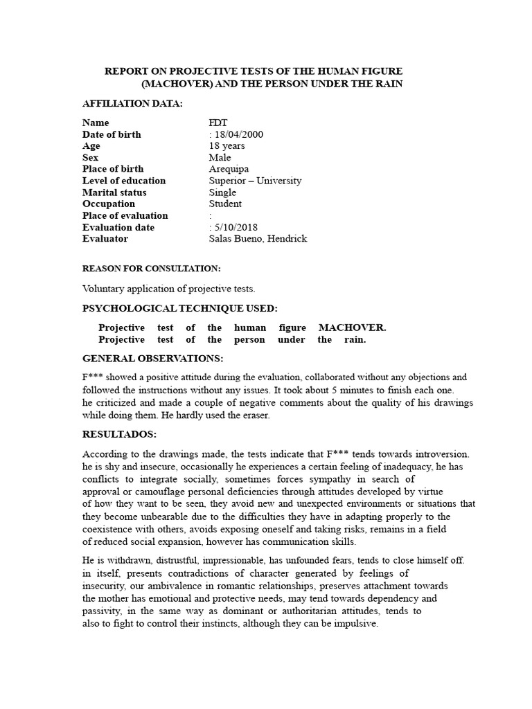 Report on the Projective Tests of the Human Figure and the Person Under ...