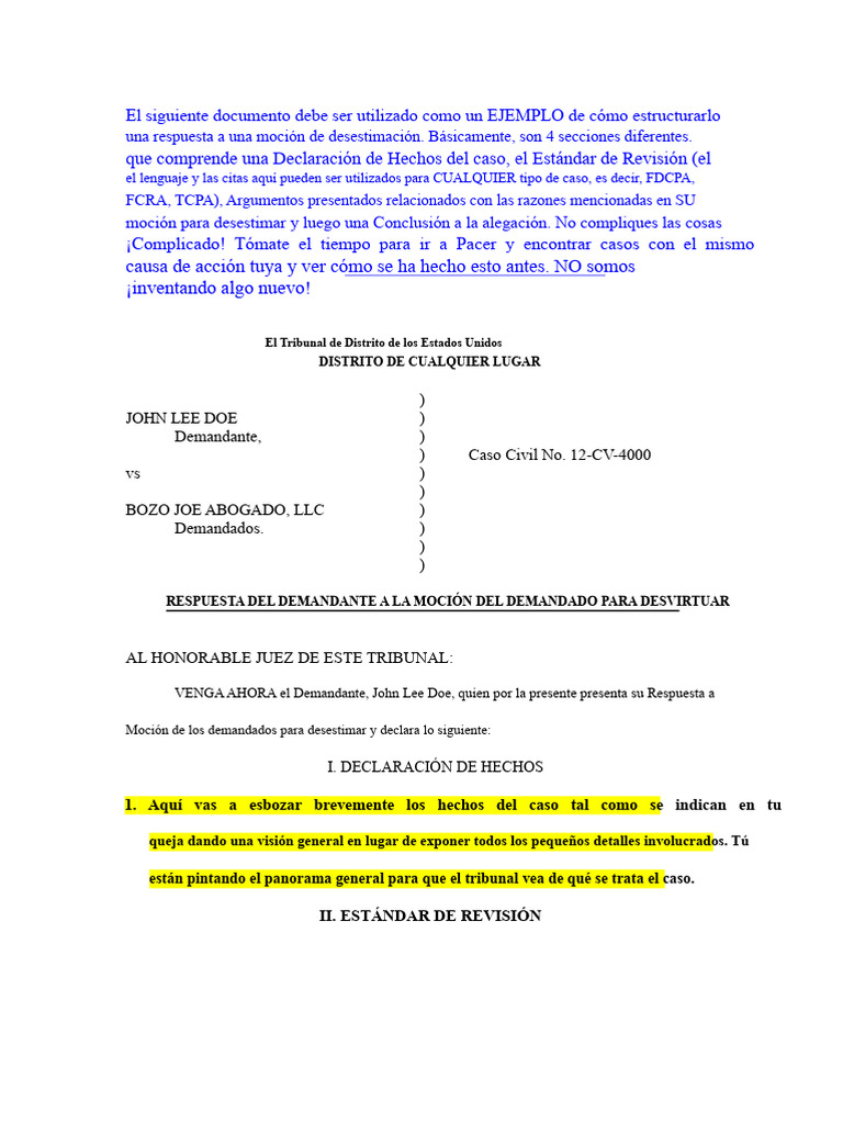 Respuesta A La Moción para Desestimar - Ejemplo | PDF | Deuda ...