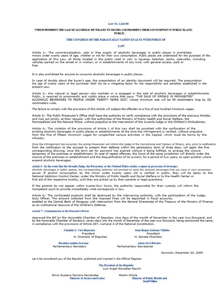 Law 1642 of 2000 That Prohibits The Sale of Alcoholic Beverages To ...