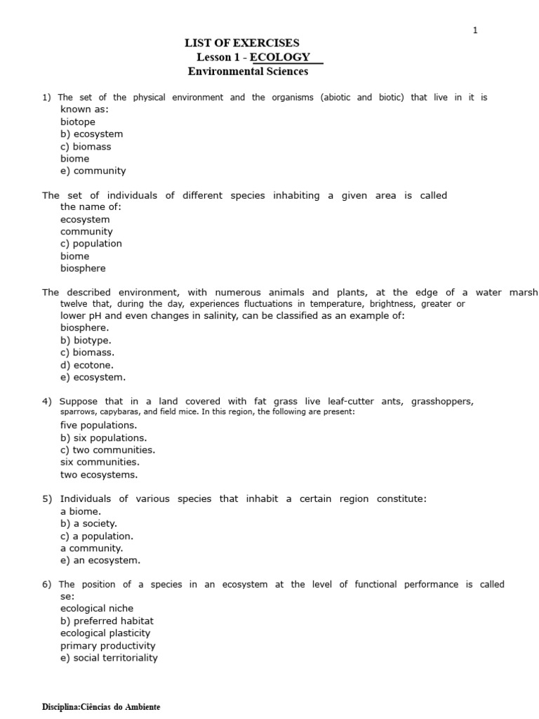 Lesson 1 - Exercise - List-ECOLOGY PDF | PDF | Ecosystem | Plankton