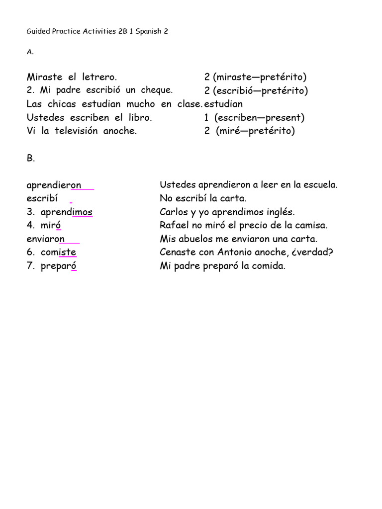 Actividades de Práctica Guiada 2B 1 Español 2H Respuestas | PDF