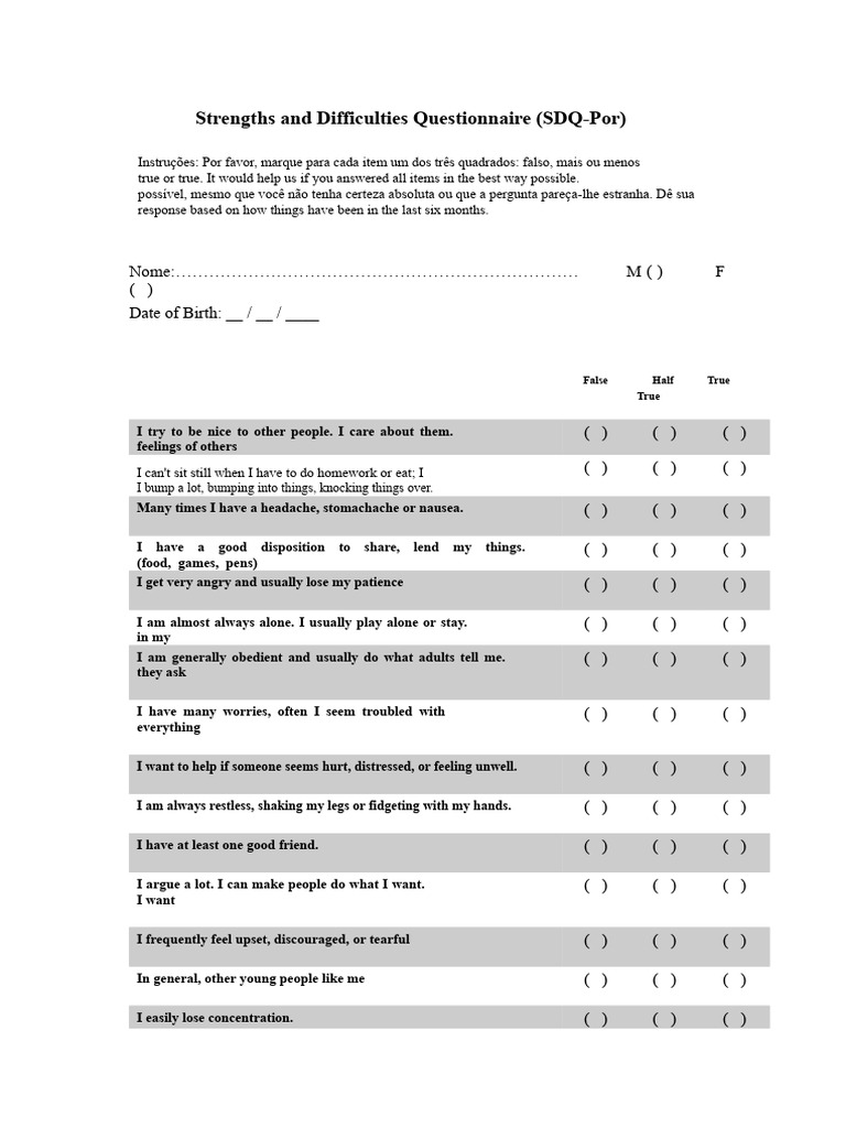 SDQ-Parent Questionnaire On Strengths and Difficulties (Child) | PDF ...