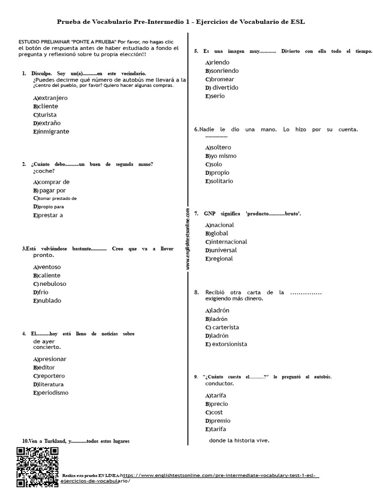 Ejercicios de Vocabulario Pre-Intermedio | PDF