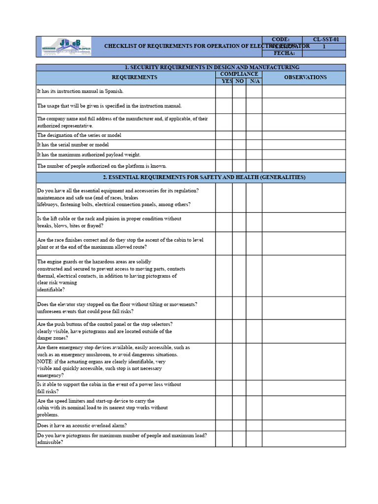 electric elevator checklist | PDF | Elevator | Safety