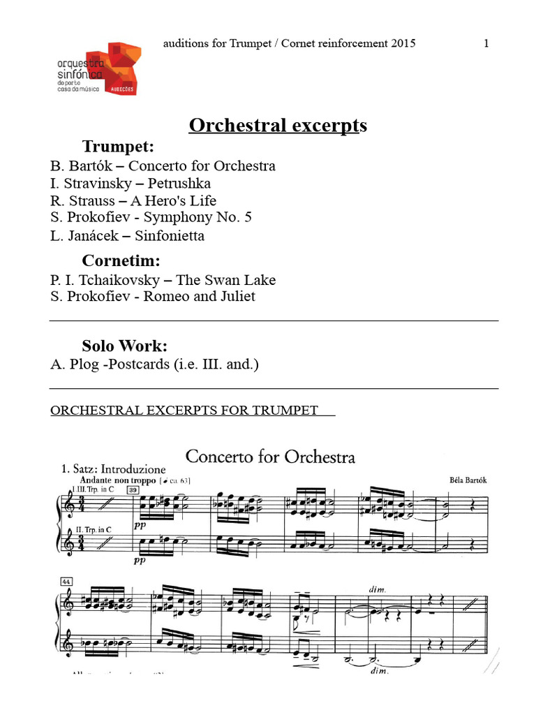 Trumpet and Cornet Audition Excerpts 2015 | PDF