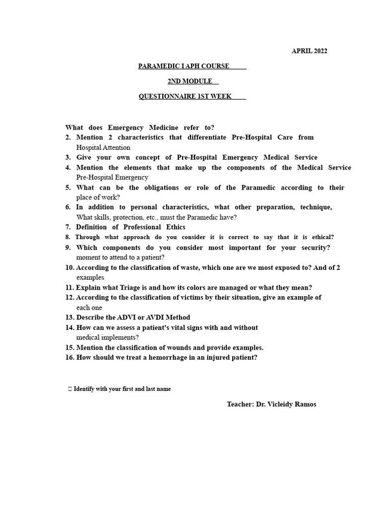 Paramedic I APH Course: Week 1 Quiz | PDF