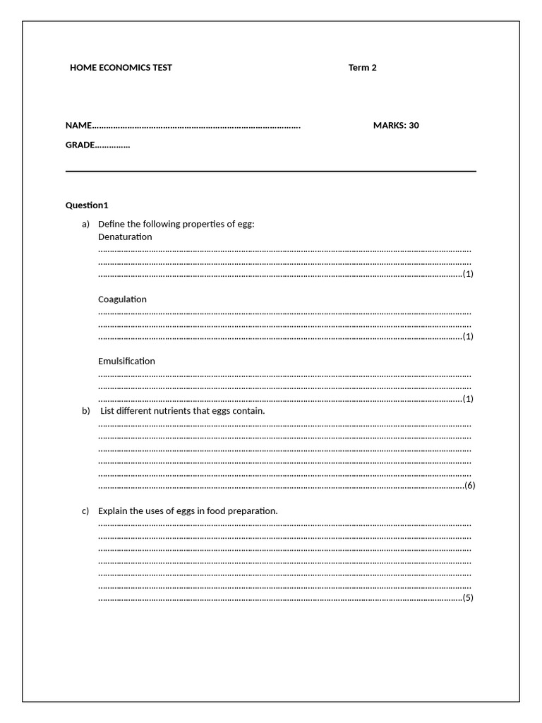 Home Economics Test Term 2 | PDF | Foods | Food Industry