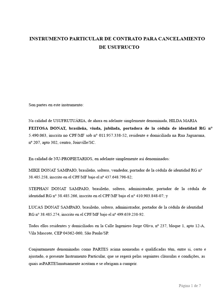 1.1 Instrumento Particular de Cancelación de Usufructo - Ver Final | PDF | Jurisprudencia | Justicia