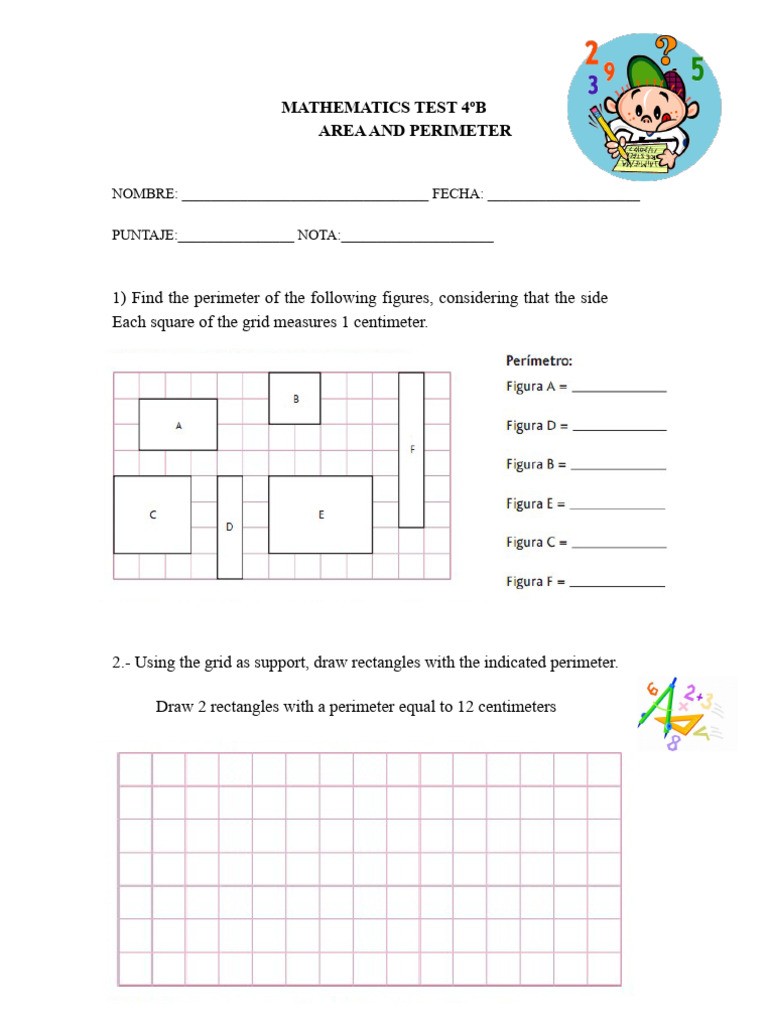 Area and Perimeter Math Test 4ºB | PDF