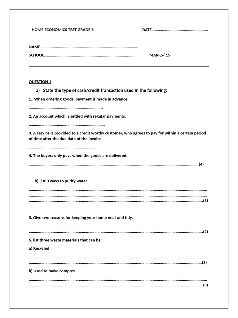 Grade 8 Home Economics Test Guide | PDF