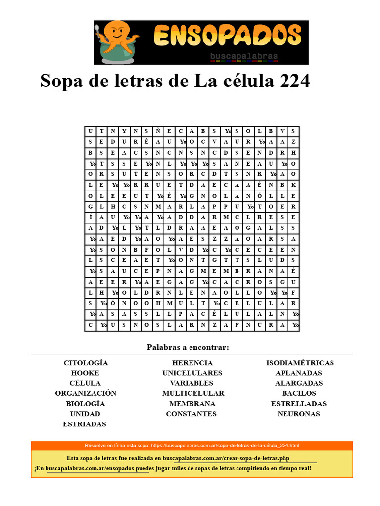 Sopa de Letras: La Célula 224 | PDF | Biología | Biología Celular
