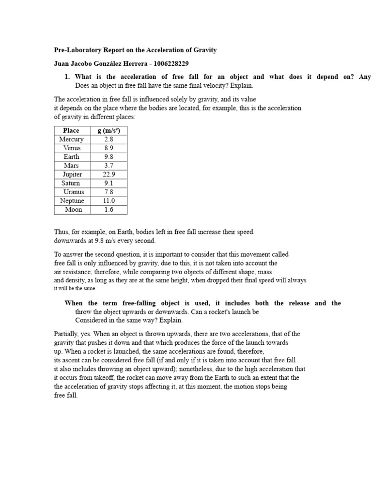 Acceleration of gravity Pre Report | PDF | Gravity | Acceleration