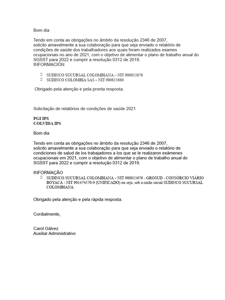 EJ MODELO DE EMAIL SOLICITAÇÃO DE INFORMAÇÕES SOBRE CONDIÇÕES DE SAÚDE ...