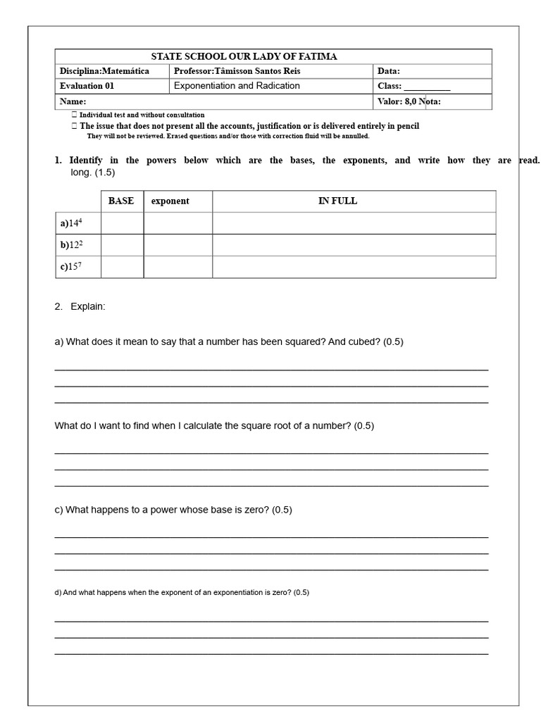 6th Year - 2nd Term Test 1 - Exponents and Square Roots | PDF ...