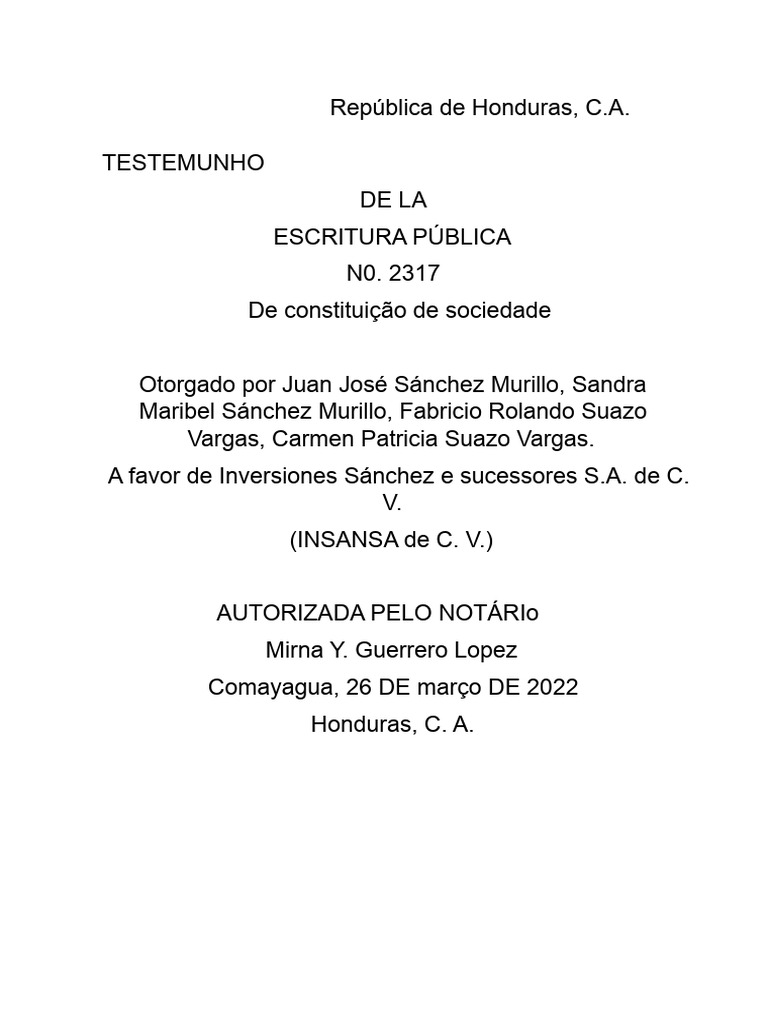 Constituição da Sociedade INSANSA em Honduras | PDF | Conselho de ...