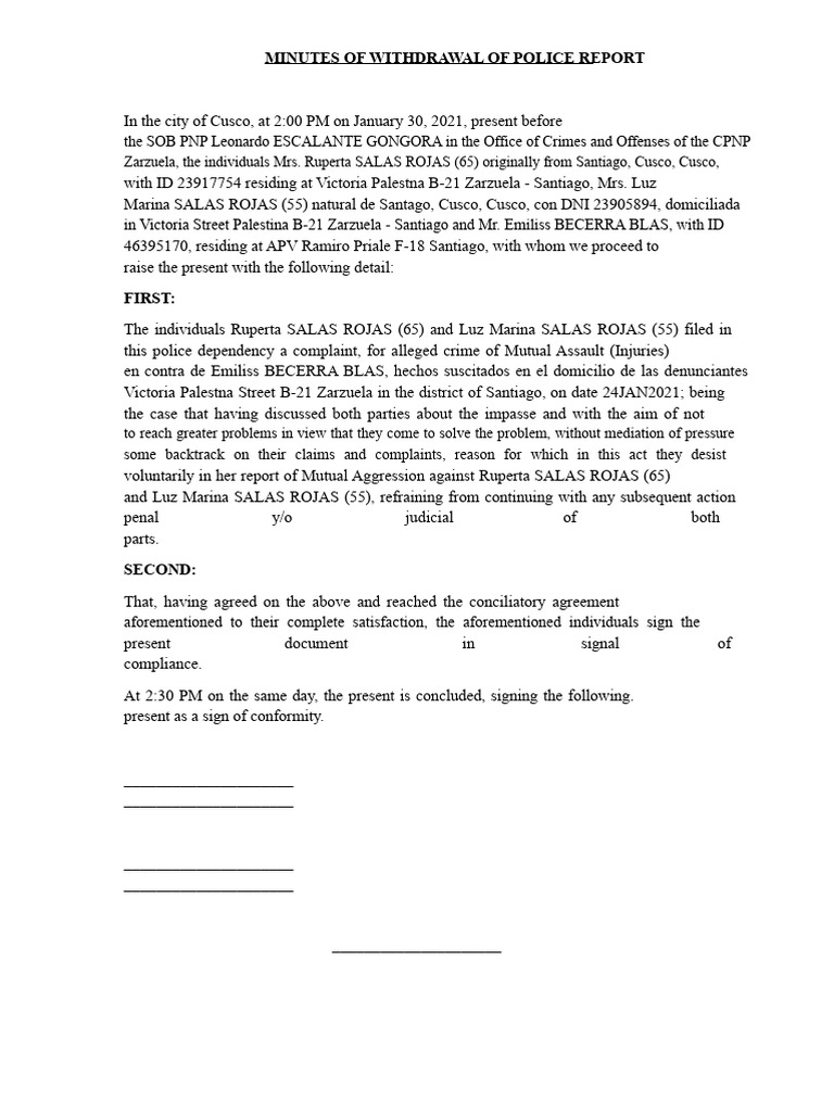 ACT OF WITHDRAWAL OF POLICE REPORT | PDF