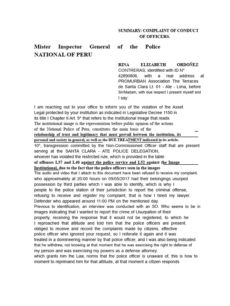 Complaint Letter to PNP Inspection | PDF | Complaint | Crimes