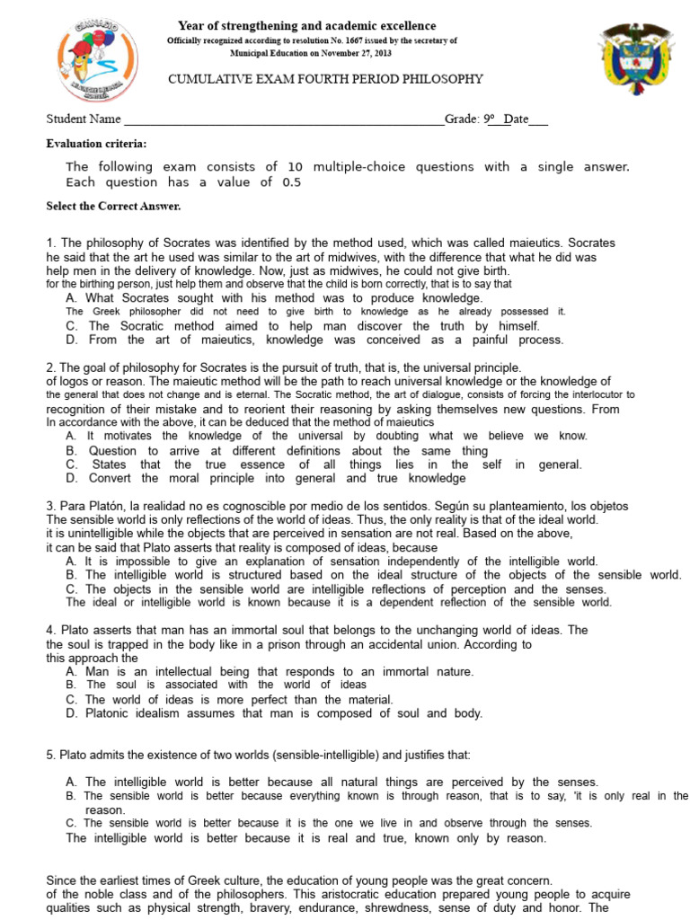 PHILOSOPHY EXAM IV PERIOD | PDF | Socrates | Idea