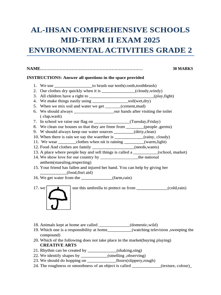 Grade 2 Environmental Activities Exam | PDF