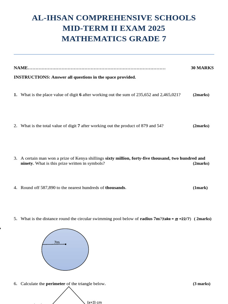 Grade 7 Math Mid-Term Exam 2025 | PDF