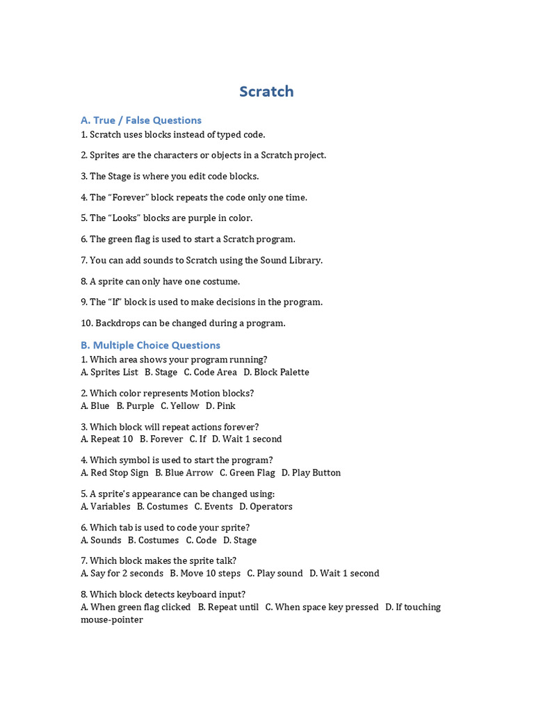 Scratch Programming Quiz Questions | PDF