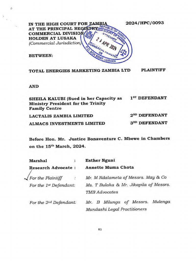 Total Energies Marketing Zambia Ltd v Sheila Kalubi (Sued in her ...