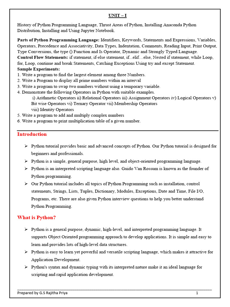 Unit I Python | PDF | Python (Programming Language) | Control Flow