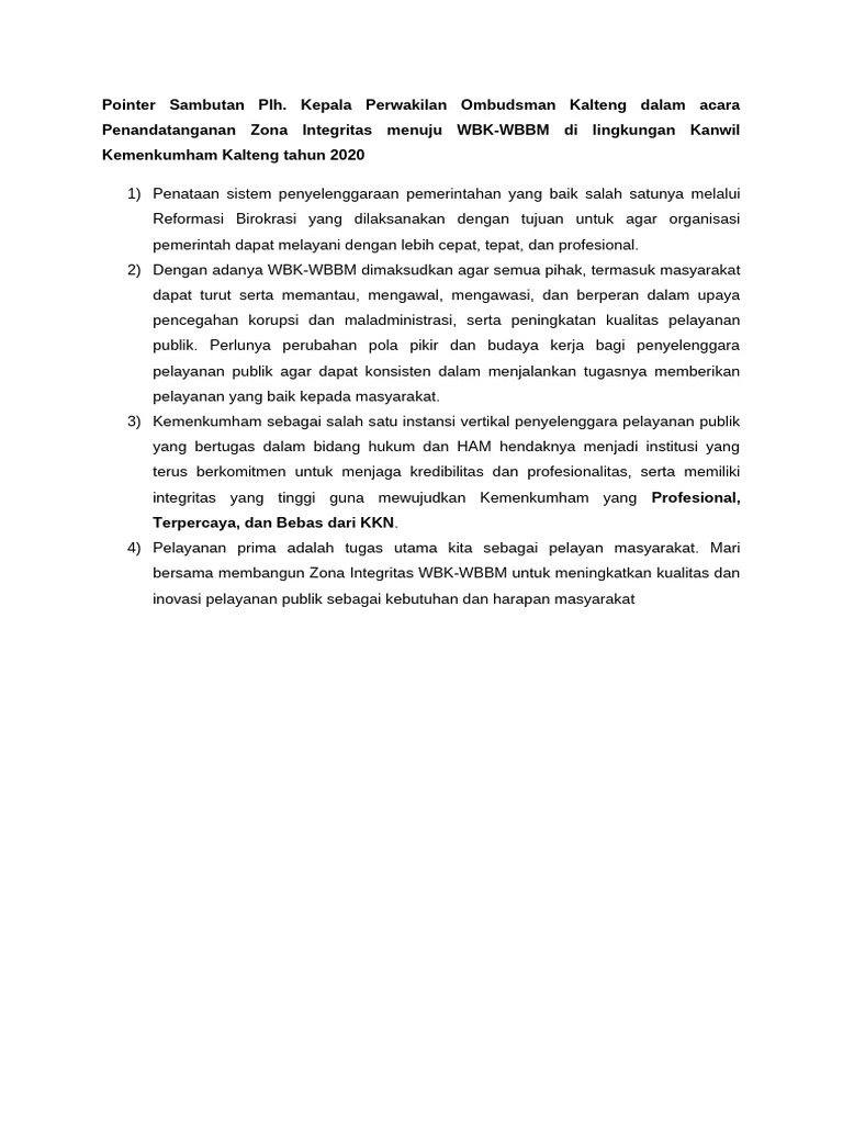 Pointer Sambutan Plh Dalam ZI Kemenkumham | PDF