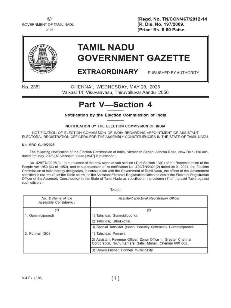 TN Assembly Constituencies AEROs-Gazette 28.05.2025 | PDF | Tamil Nadu ...