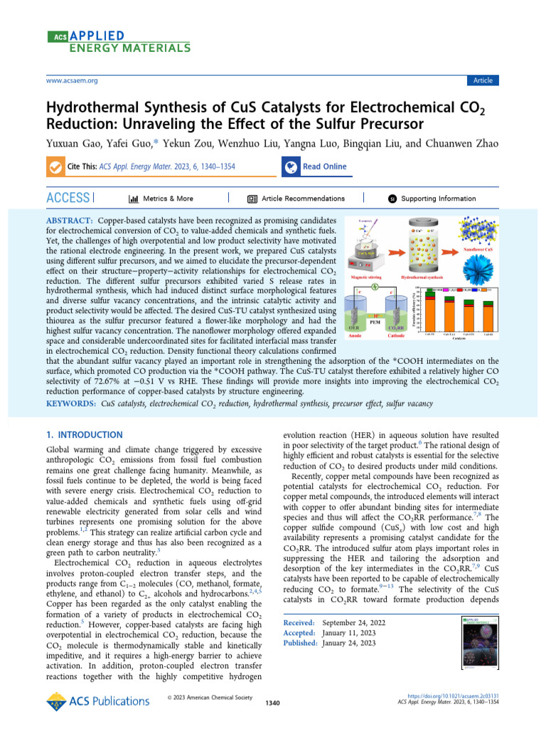 Gao Et Al 2023 Hydrothermal Synthesis of Cus Catalysts For ...