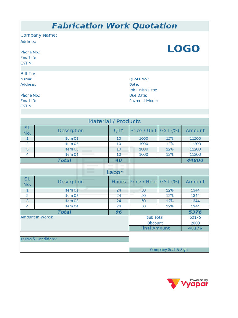 Fabrication Work Quotation Format 2 | PDF