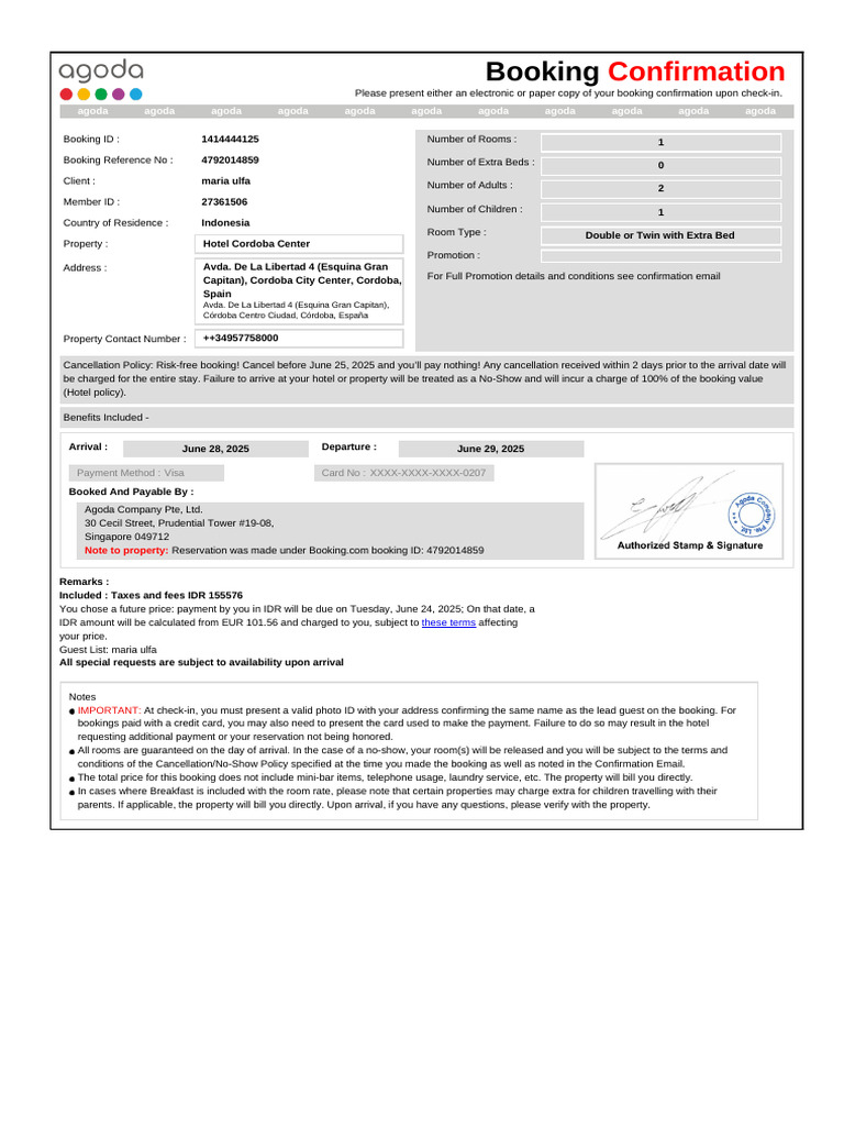 Confirmation For Booking ID # 1414444125 | PDF | Payments