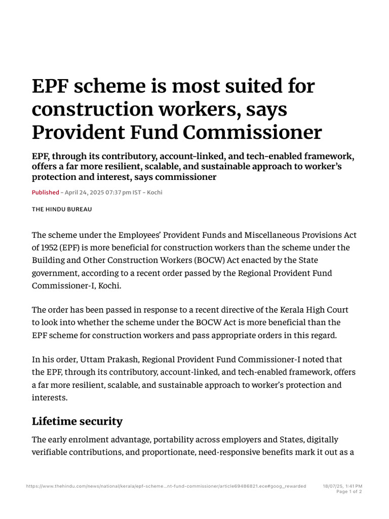 EPF Scheme Is Most Suited For Construction Workers, Says Provident Fund ...