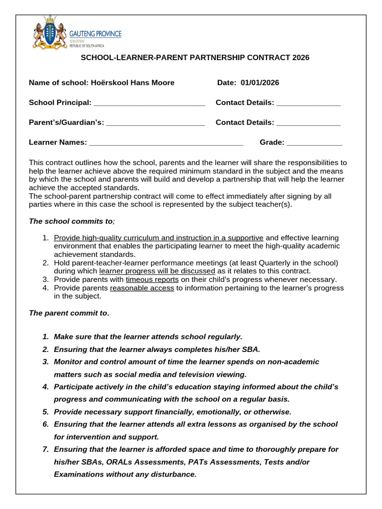 School-Parent Learner Contract 2026 | PDF | Learning | Schools