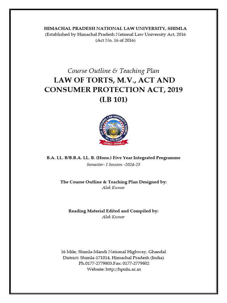 Course Outline & Teaching Plan Law of Torts | PDF | Tort | Negligence