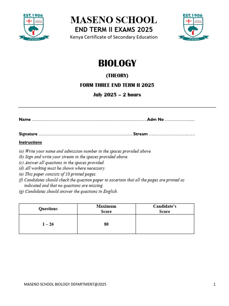 Biology Form 3 End Term 2 2025-Maseno | PDF | Biology