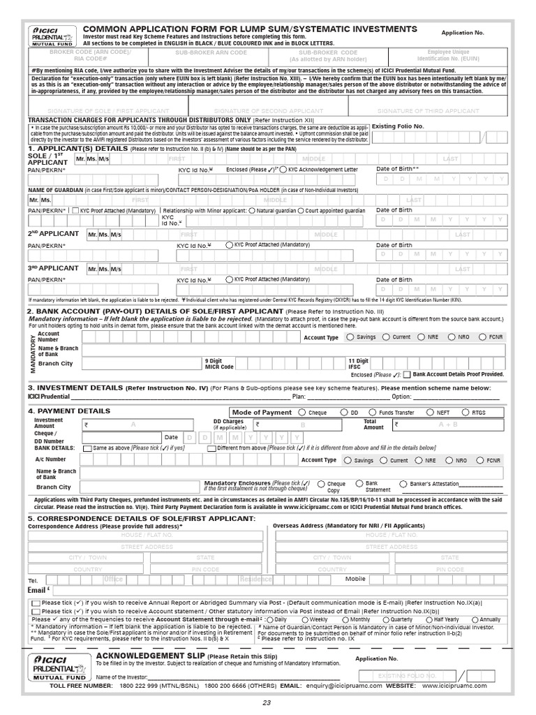 ICICI Mutual Fund Investment Application Form | PDF | Cheque | Investing