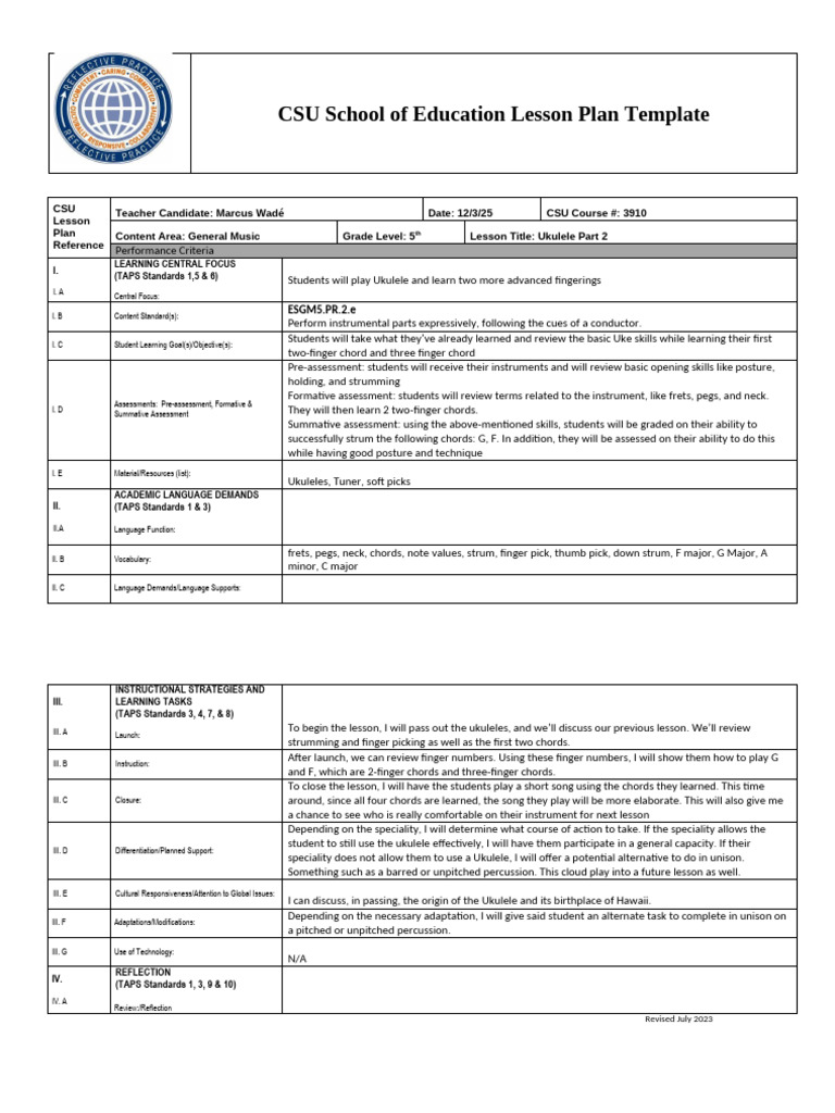 5th Grade Ukulele Lesson Plan Template | PDF | Learning