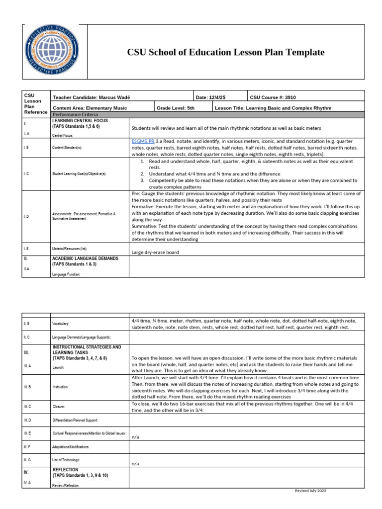 CSU Lesson Plan Template - rhythm intro | PDF | Rhythm | Learning