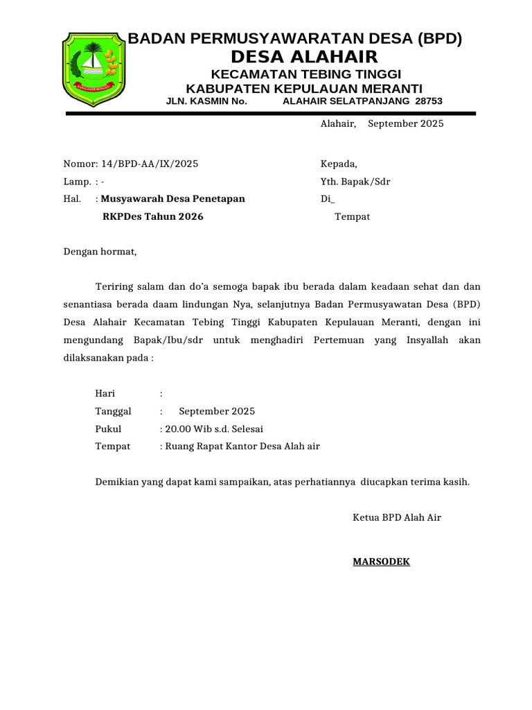 Undangan Musyawarah Desa RKPDes 2026 | PDF