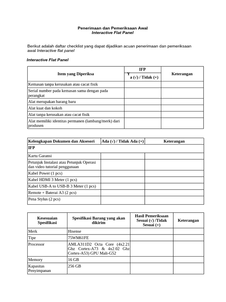 Checklist Penerimaan Interactive Flat Panel | PDF