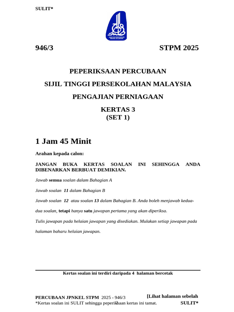 Percubaan Jpnkel Sem3 STPM 2025 - Set1 | PDF