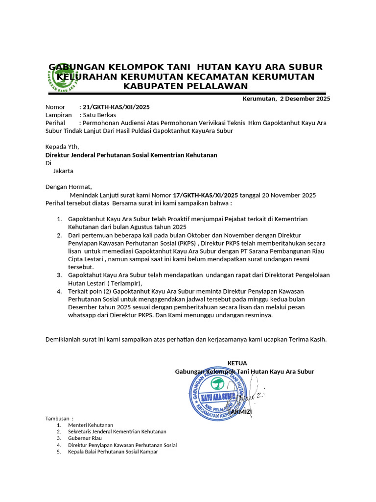 Permohonan Audiensi Gapoktanhut Kayu Ara | PDF