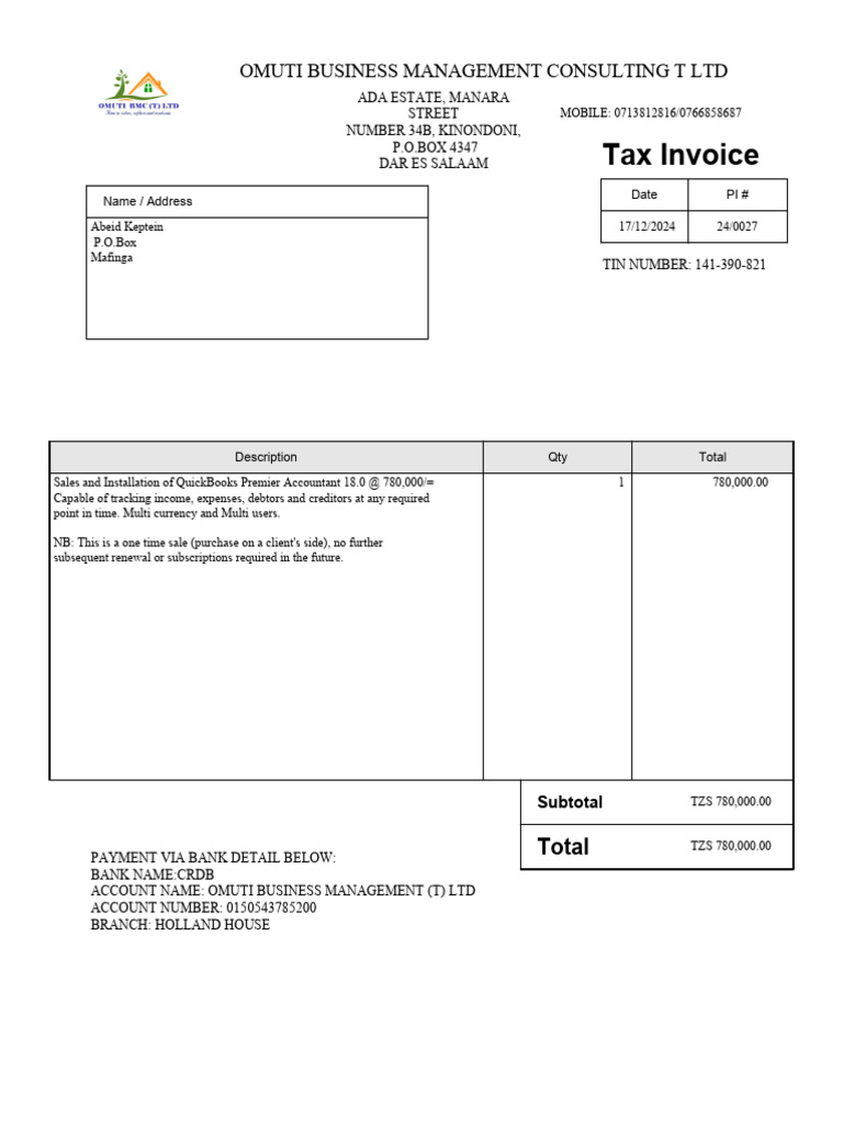 Mafinga-Qbdt Tax Invoice 17-12-2018 (Abeid) | PDF